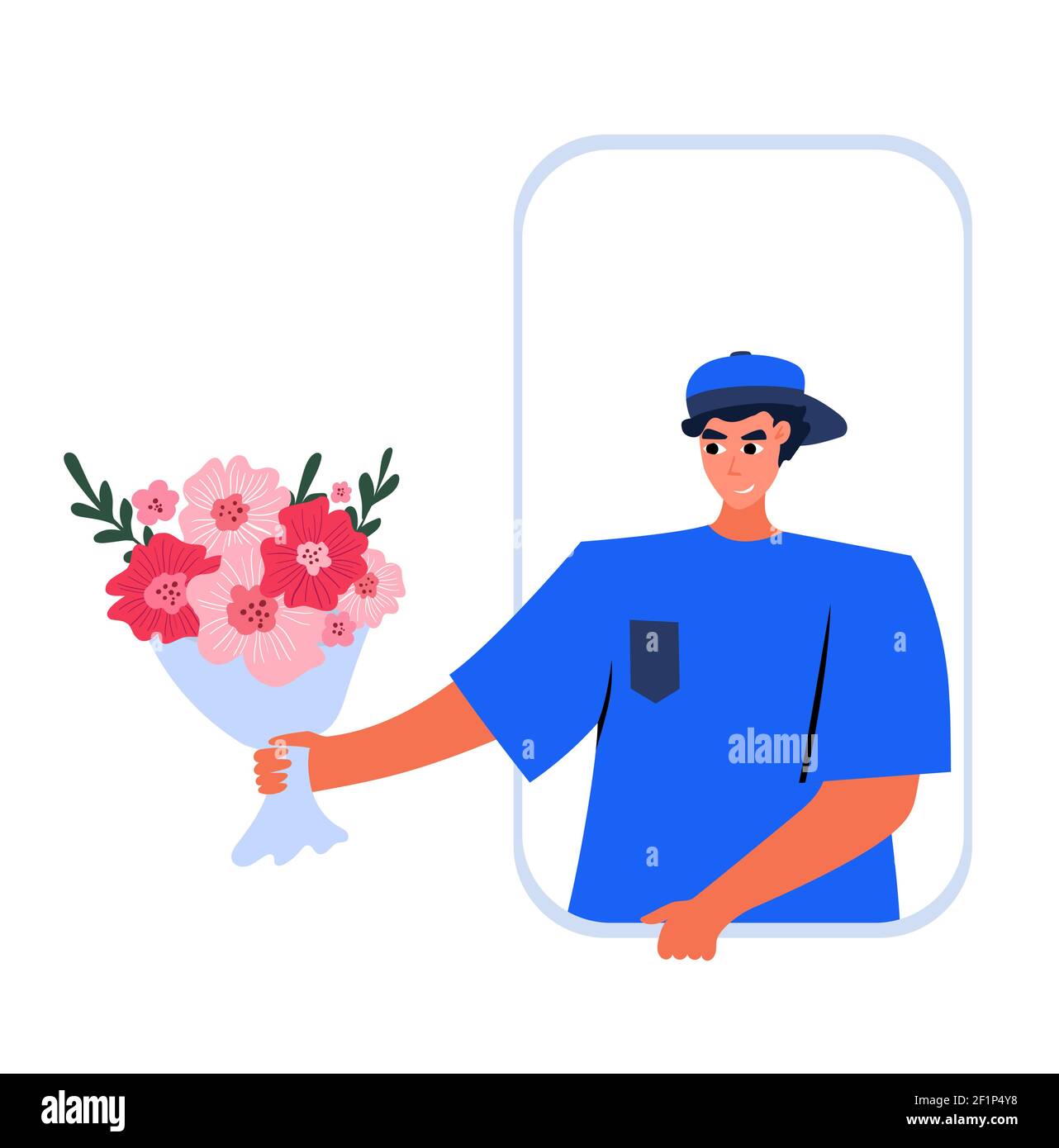 Receiving Blooming Plants in Wrapping from Man Courier Worker. Flower ...
