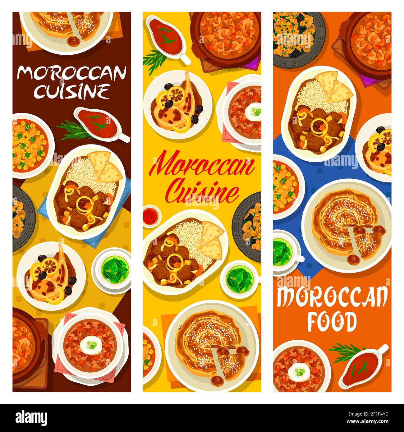 Moroccan cuisine cafe food meals banners. Chicken tomato soup, fig ...