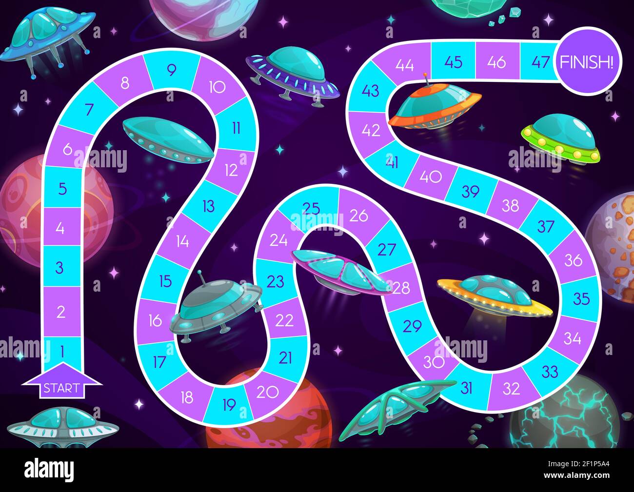 Kids board game with ufo saucers in space vector template. Step ...