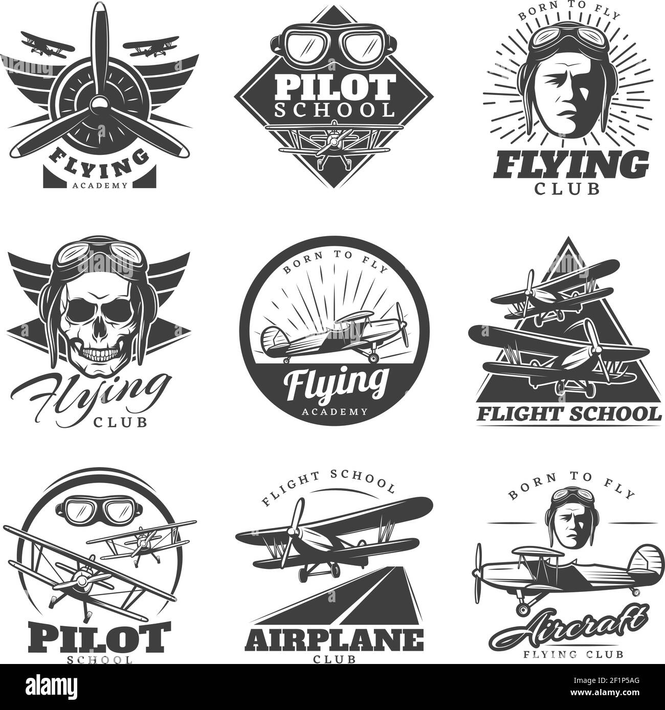 Monochrome aircraft logos set for flying academy club school in vintage ...