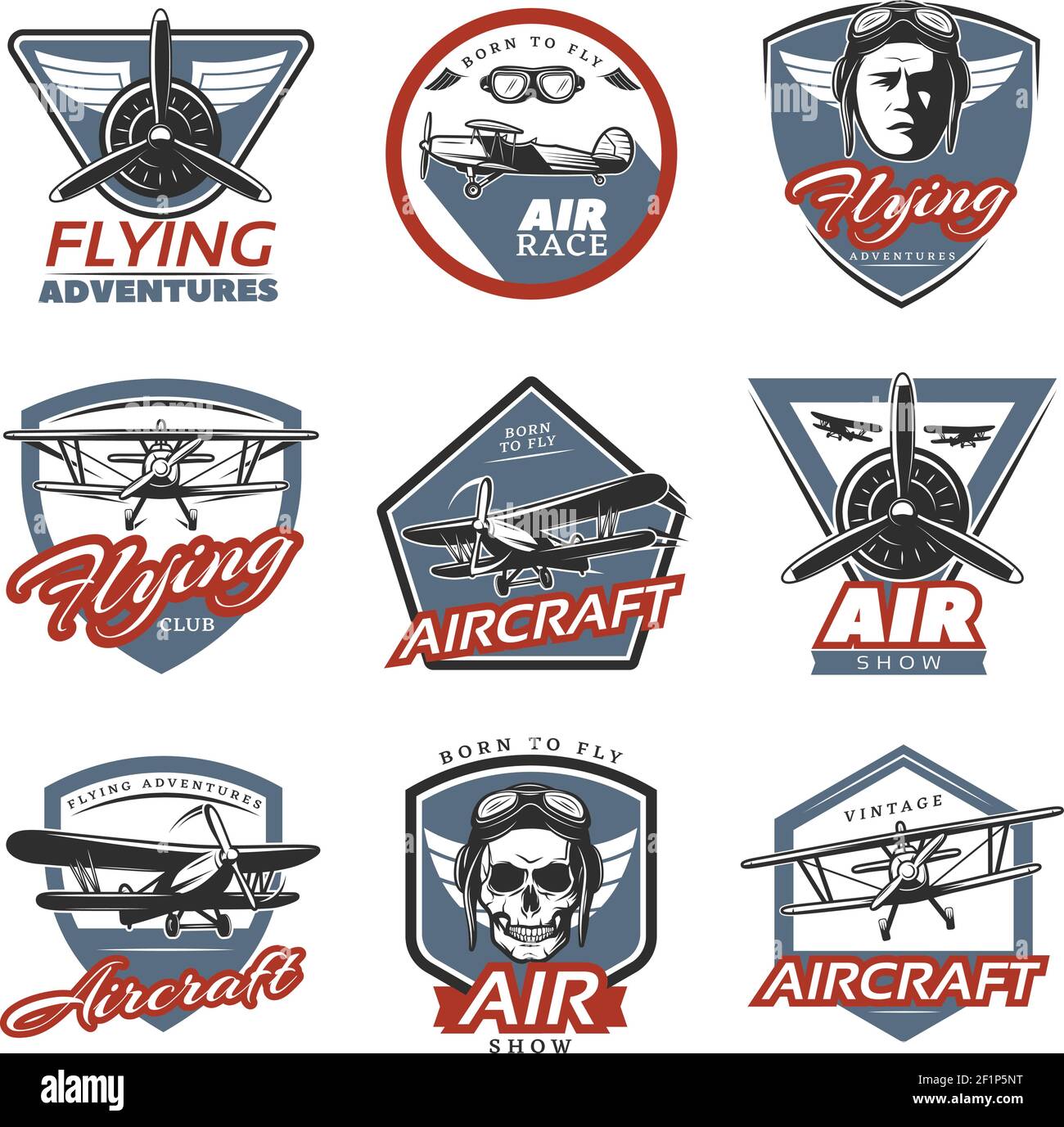 Vintage colorful aircraft logos with airplanes pilot head skull and ...