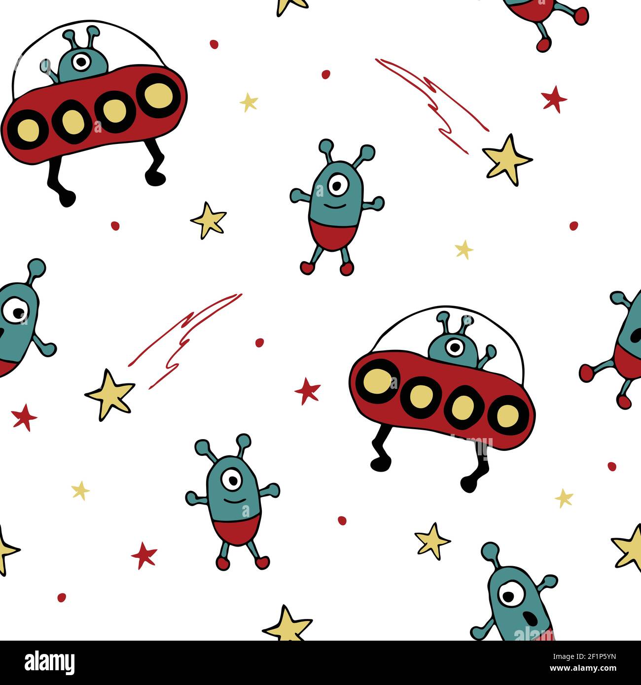 Seamless vector pattern with hand drawn aliens on white background ...
