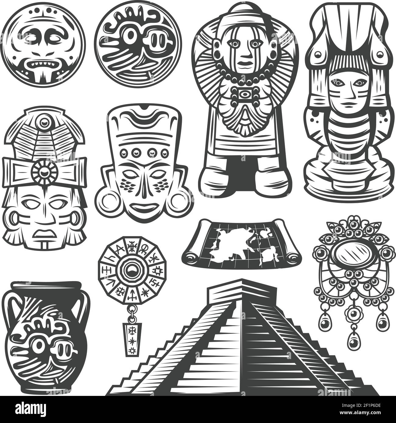 Vintage monochrome maya elements set with ceremonial masks totems coins ...
