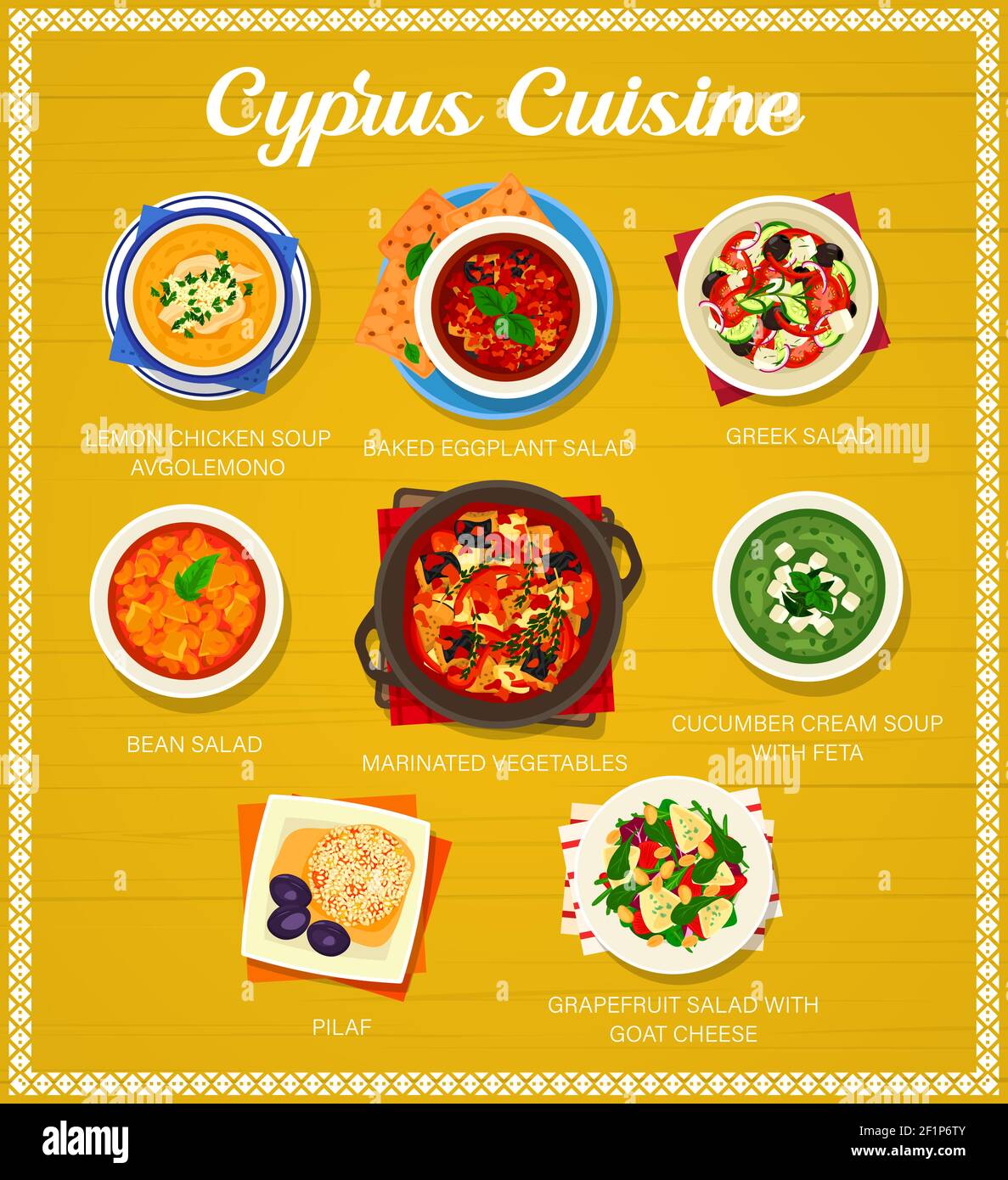 Cyprus cuisine vector lemon chicken soup avgolemono, baked eggplant ...