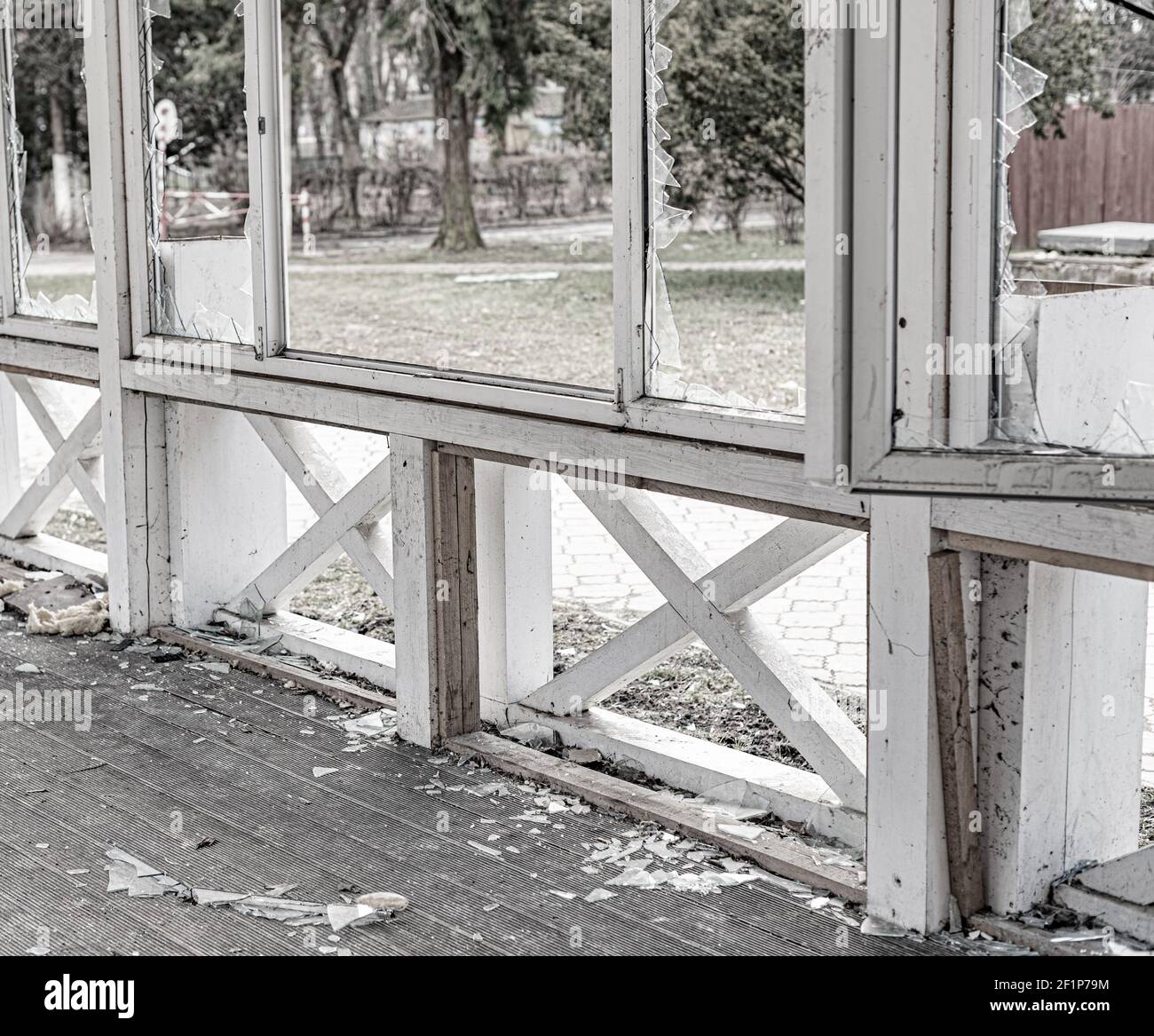A ruined building with broken glass windows Stock Photo - Alamy