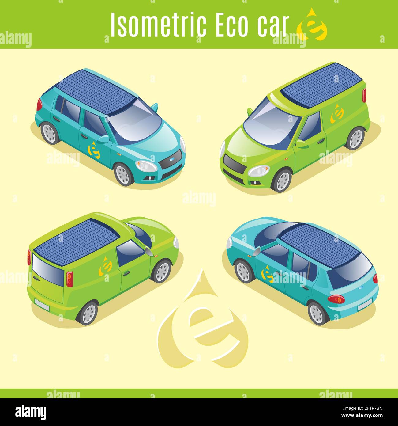 Isometric eco electric cars collection with solar panels in green and ...