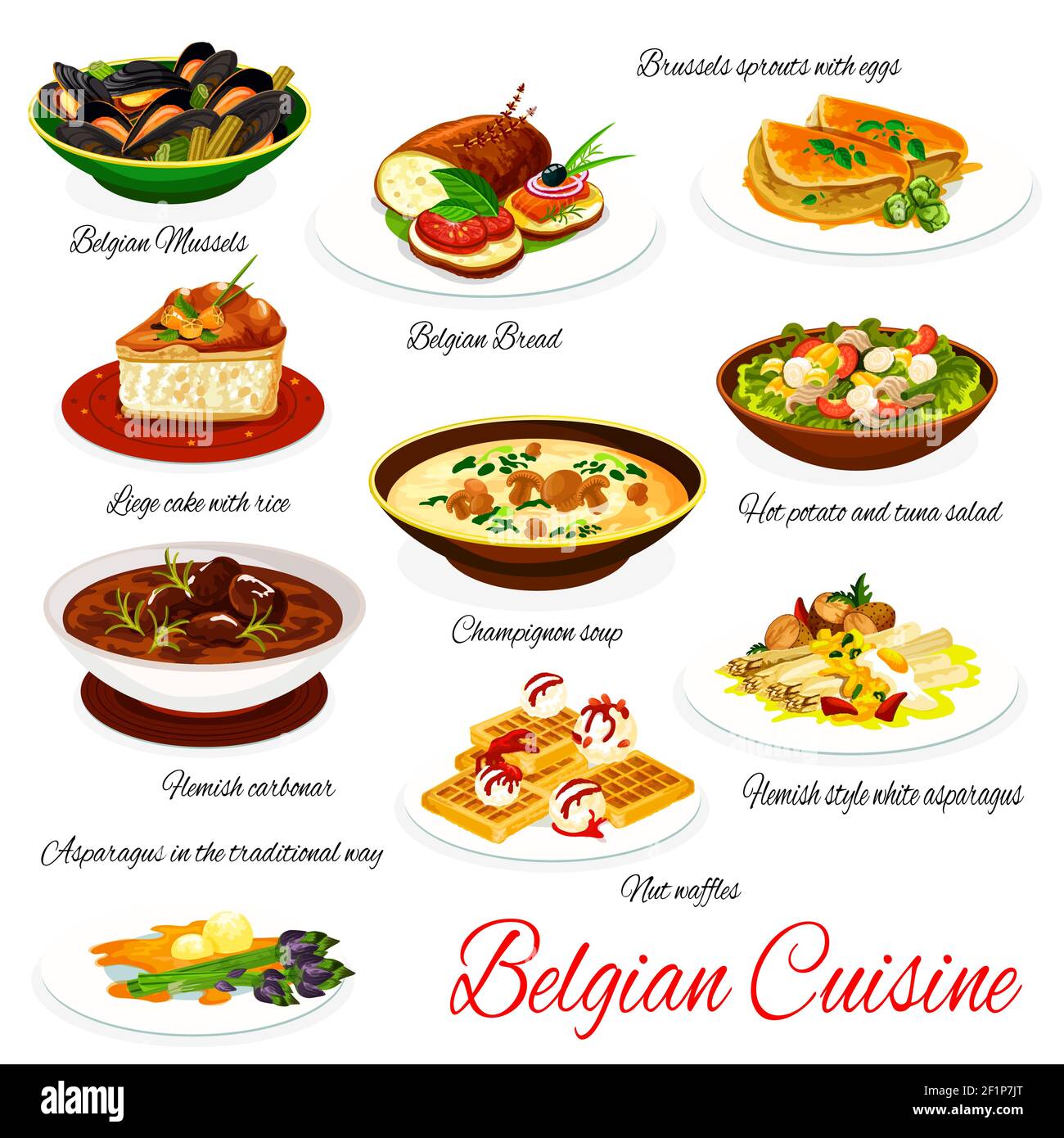 Belgian cuisine vector menu meals mussels, bread and Brussels sprouts ...