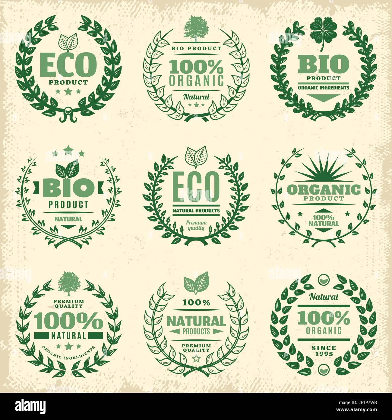 Vintage green eco product labels set with inscriptions and decorative ...