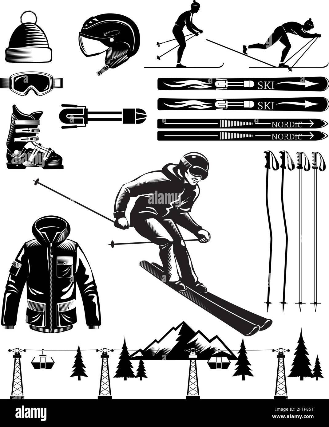 Set of vintage nordic skiing elements with isolated monochromatic skier ...
