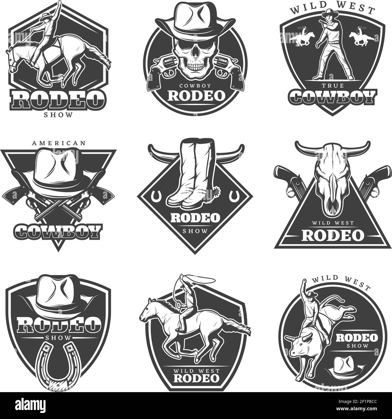 Monochrome rodeo labels set with cowboys weapon animals and wild west ...