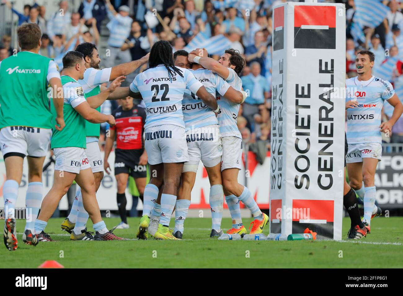 Casey LAULALA (Racing Metro 92) scored a try and celebrated it with ...