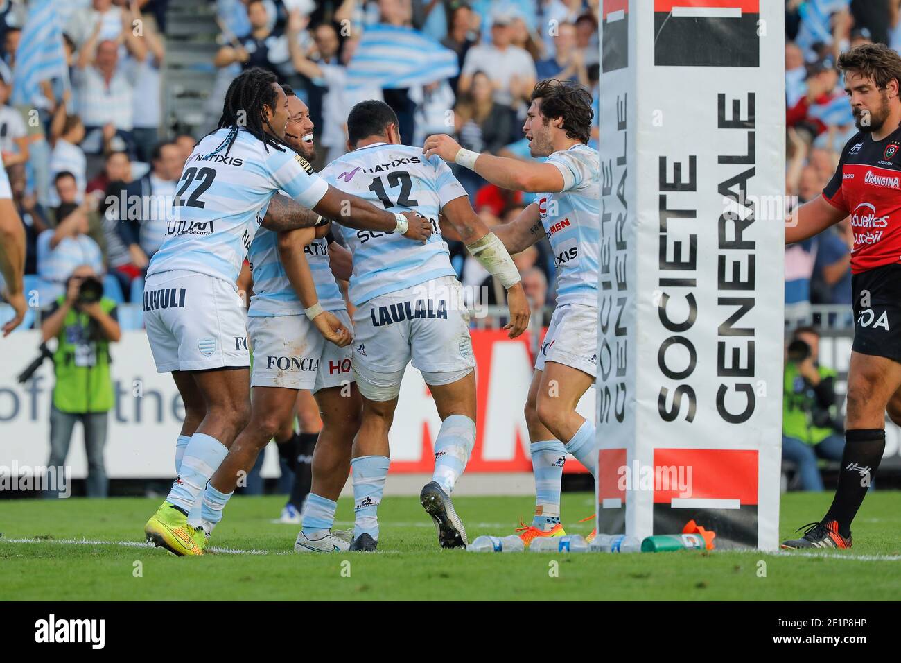 Casey LAULALA (Racing Metro 92) scored a try and celebrated it with ...