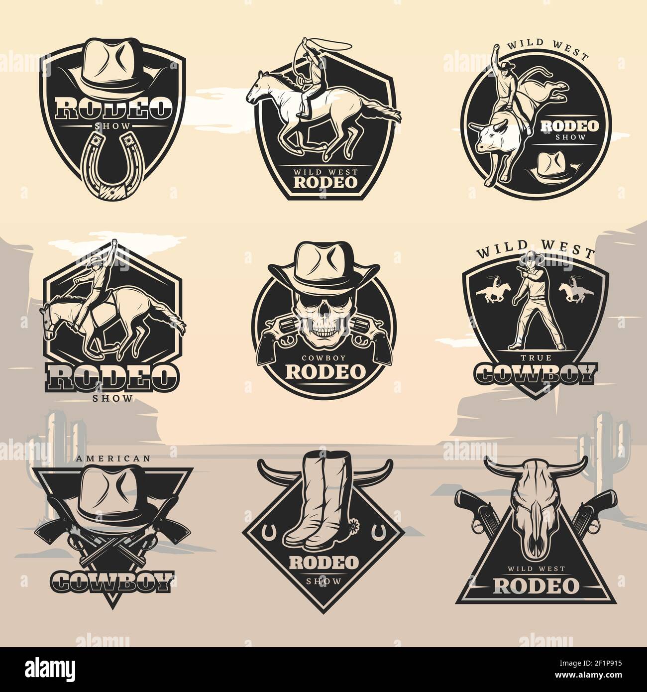 Black vintage rodeo logos set with cowboys animals weapon and western ...