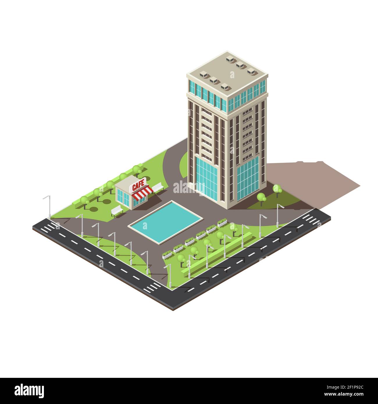 Isometric office building design with territory including cafe and ...