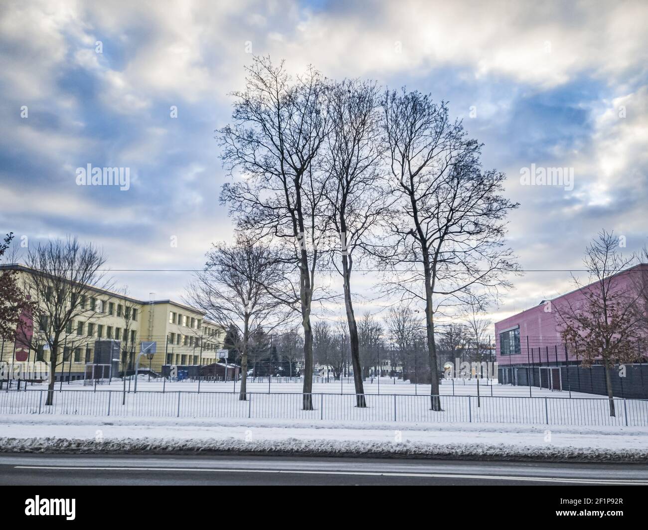 Snow covered schoolyard in Cottbus Sandow Stock Photo - Alamy