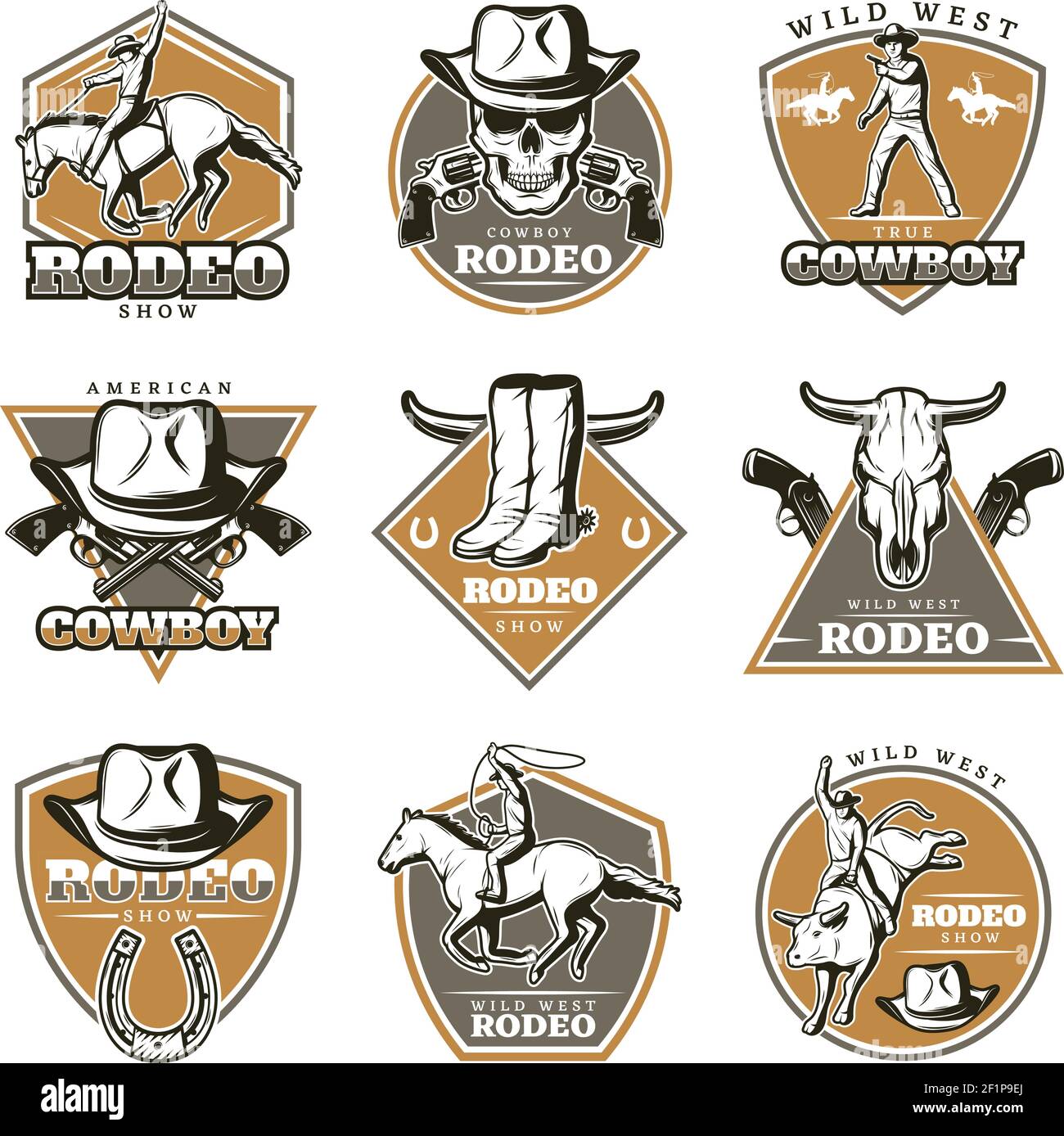 Colorful vintage rodeo labels set with cowboys riding animals weapon ...