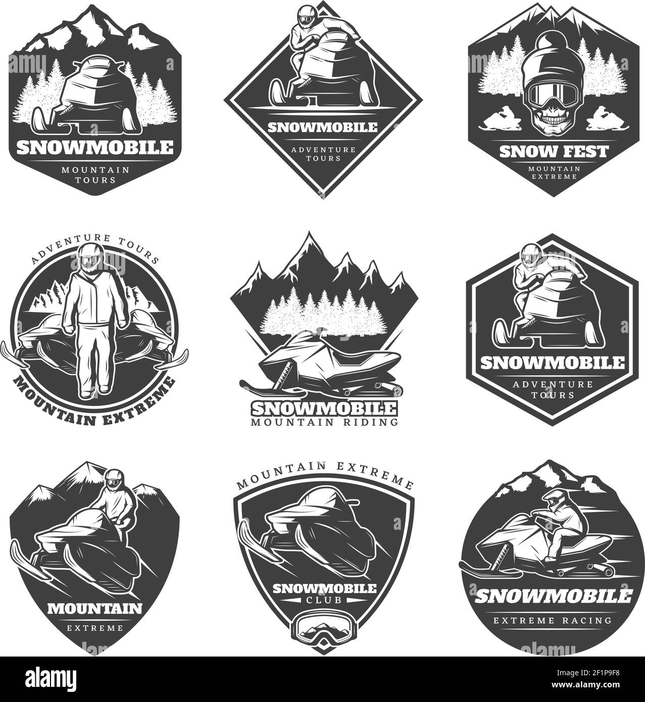 Monochrome winter sport extreme labels set with drivers snowmobiles ...