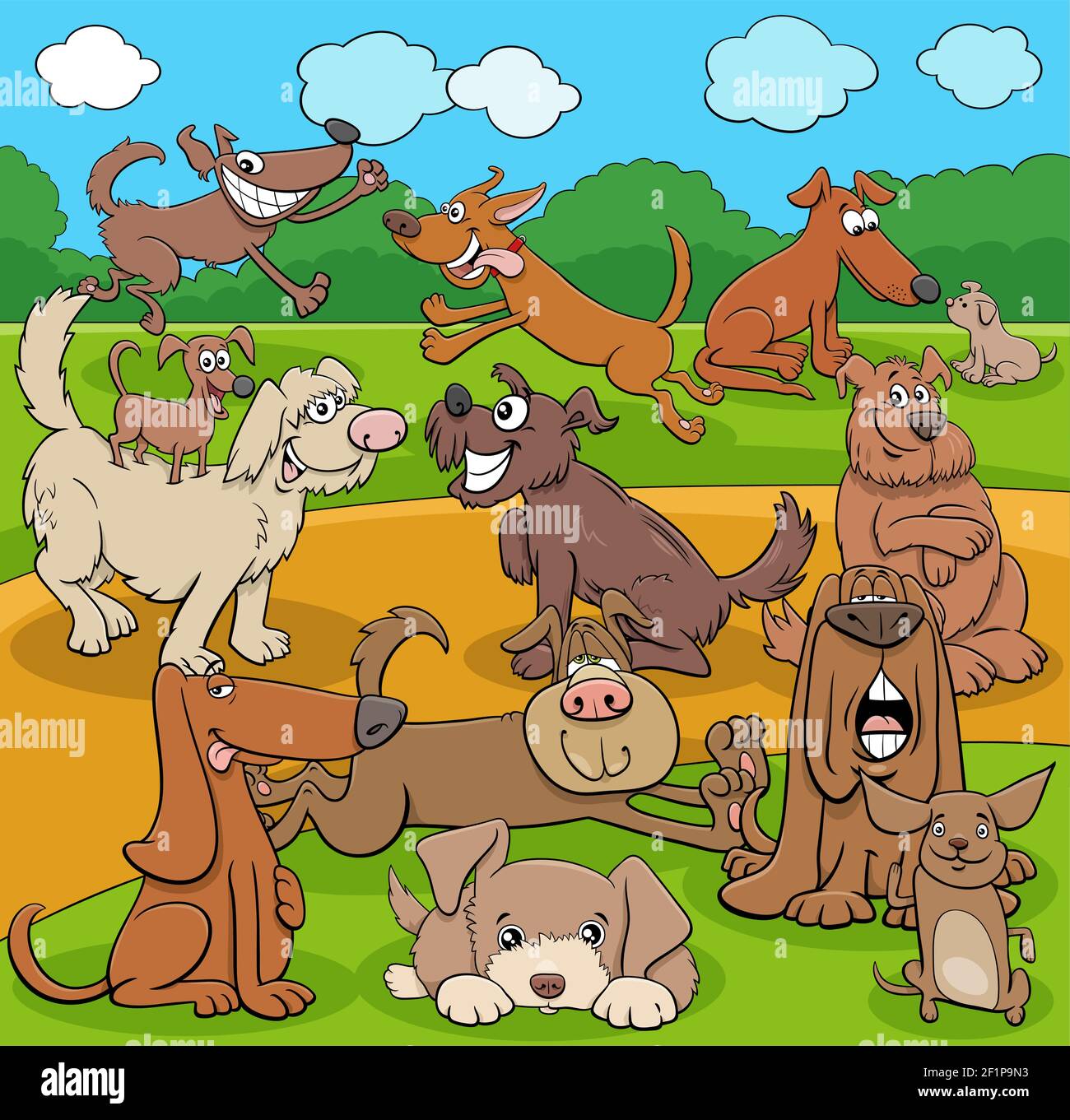 Cartoon illustration of cheerful dogs and puppies animal characters ...
