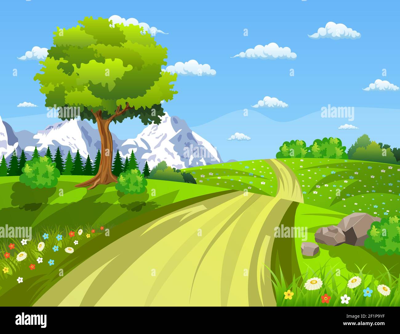 Trees with blue sky and green grass Stock Vector Images - Alamy