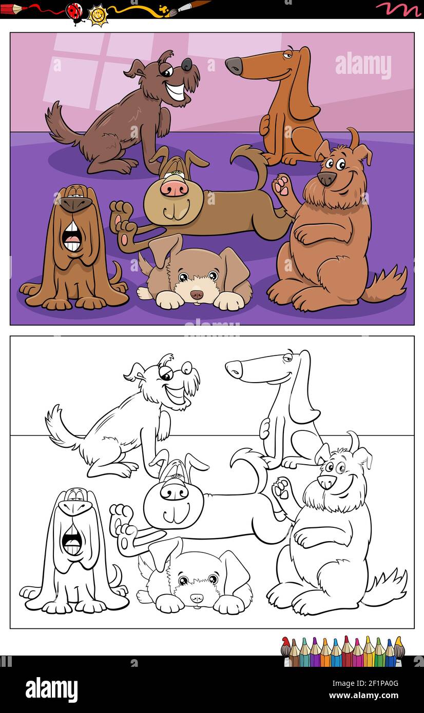 Cartoon illustration of funny dogs characters group coloring book page ...