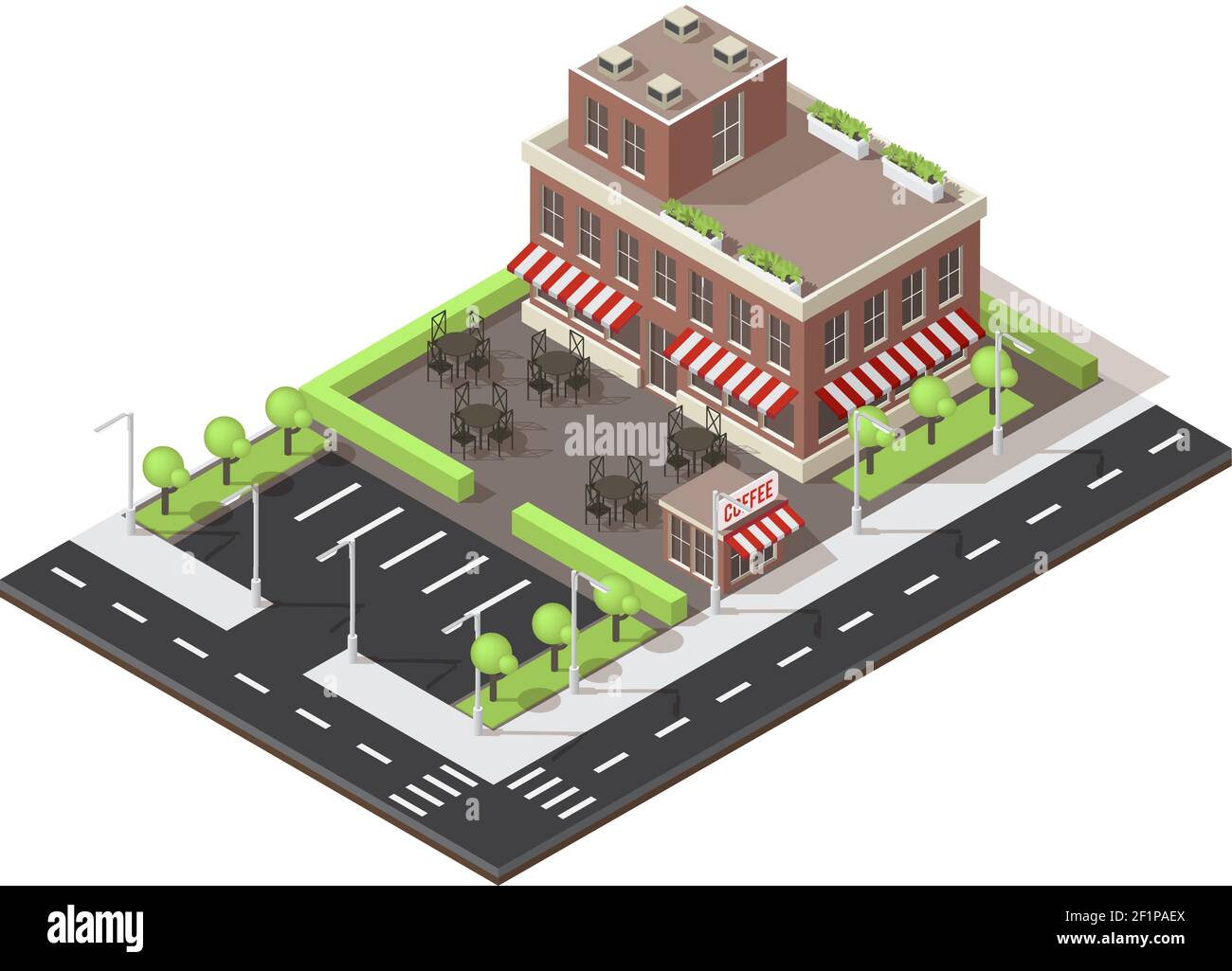 Isometric layout of cafe building with street tables and parking road ...