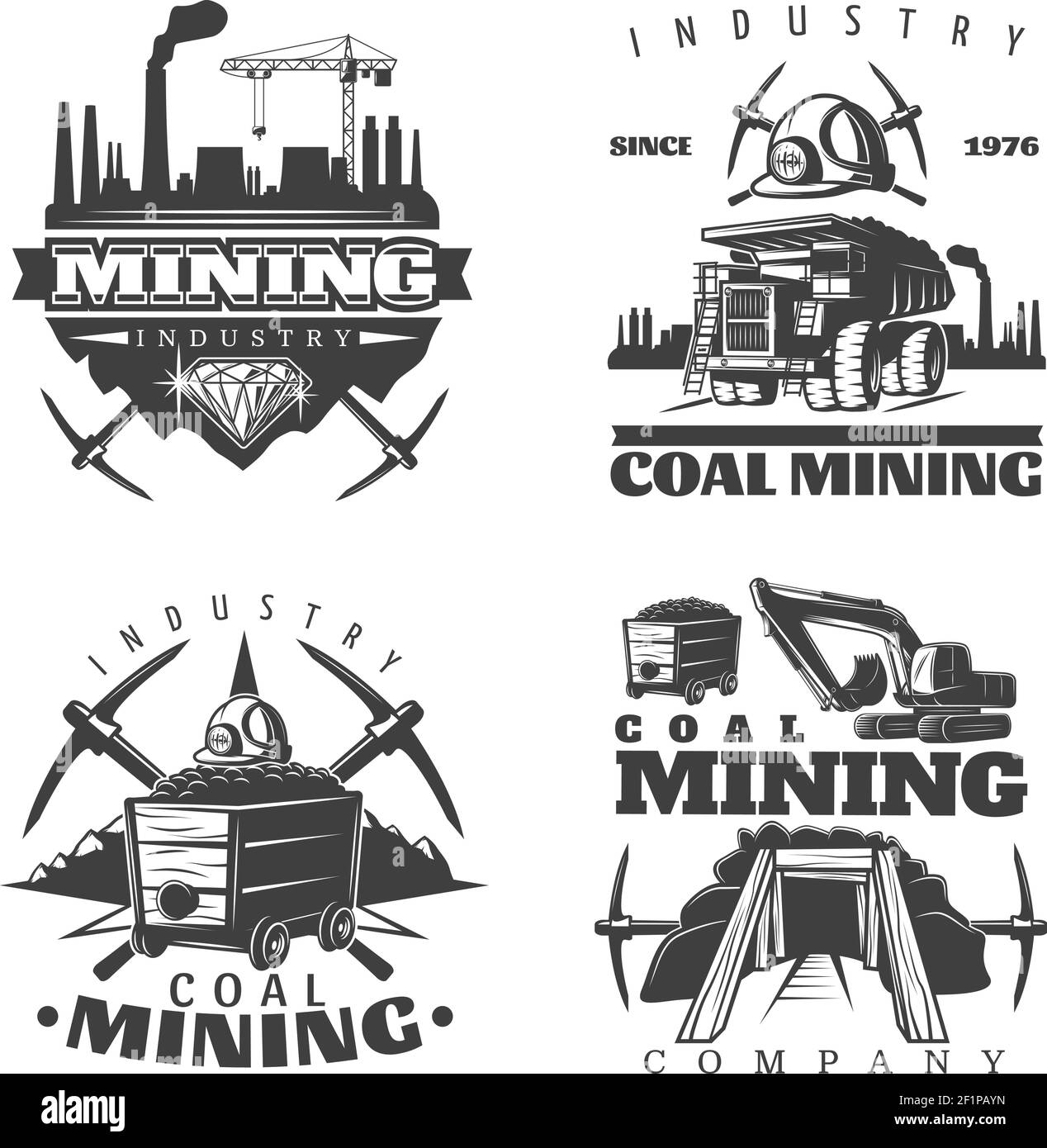 Four isolated detailed emblems set with professional coal mining industry elements factory ...