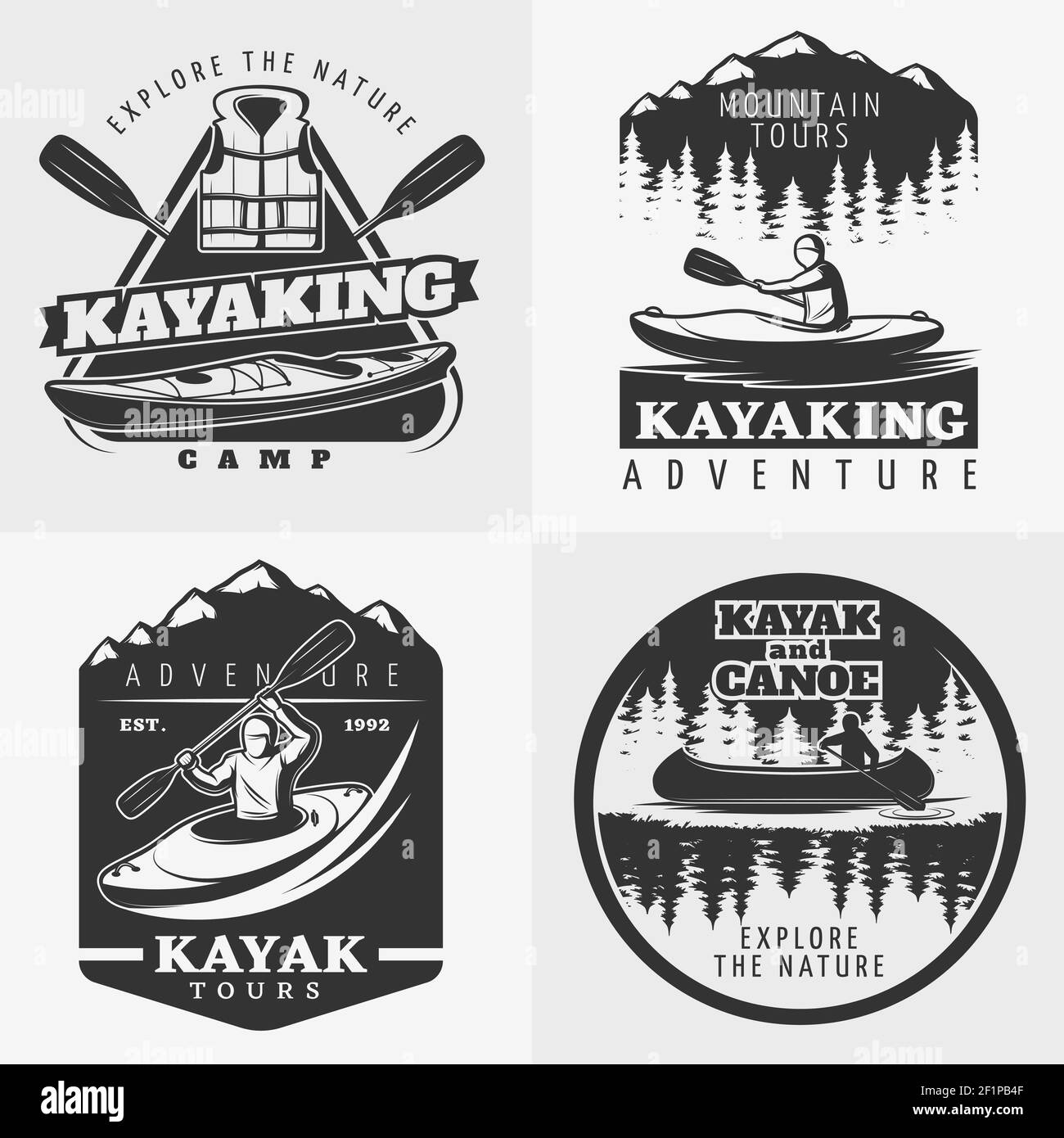 Composition of four monochrome square kayak and canoe detailed emblems ...