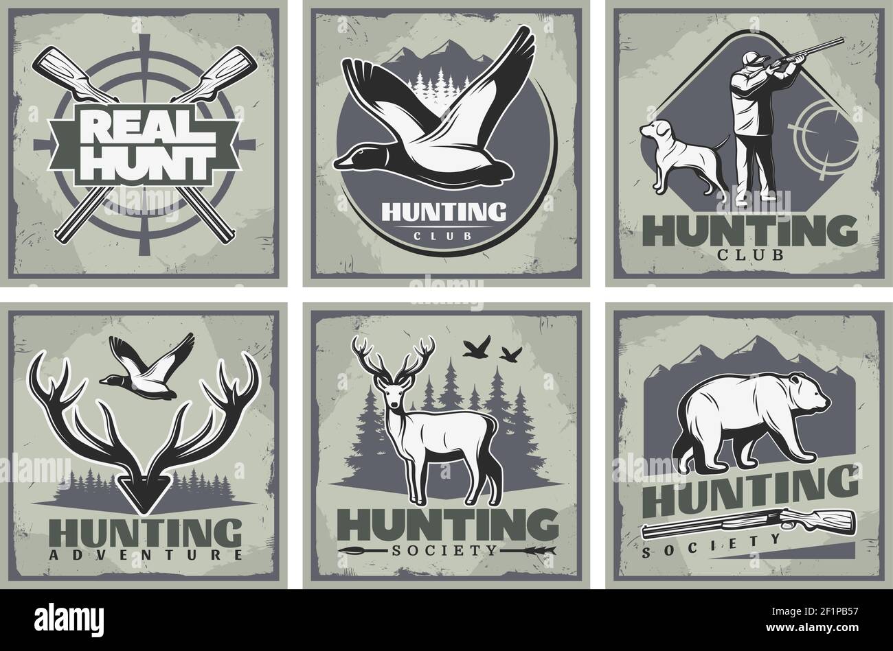 Six square hunting posters set with retro style images of wild nature ...
