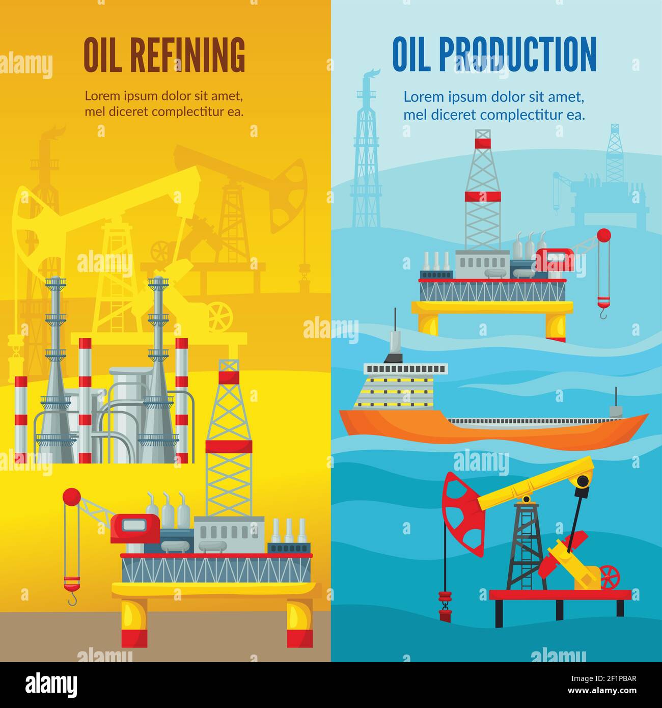 Oil industry vertical banners with petroleum extraction transportation ...
