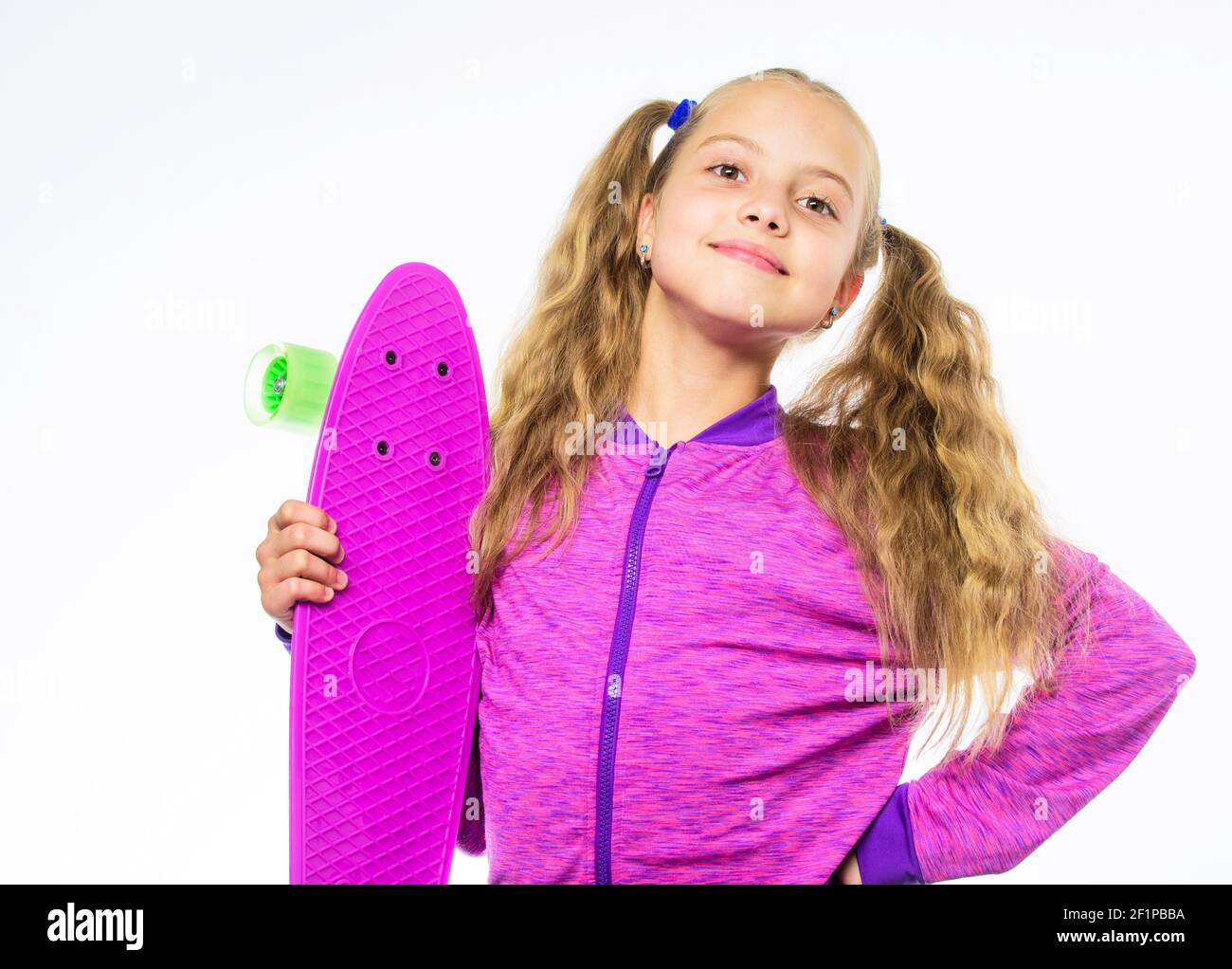 Child hold penny board. Kid long hair carry penny board. Plastic ...