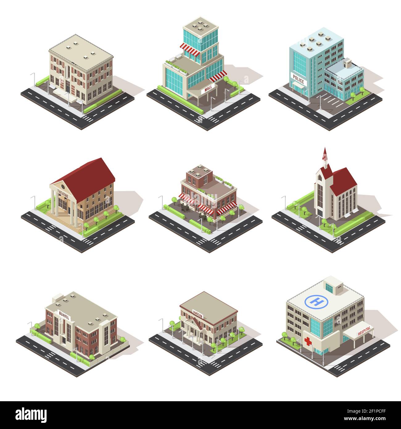 Set of isolated city buildings with roads street lighting and ...