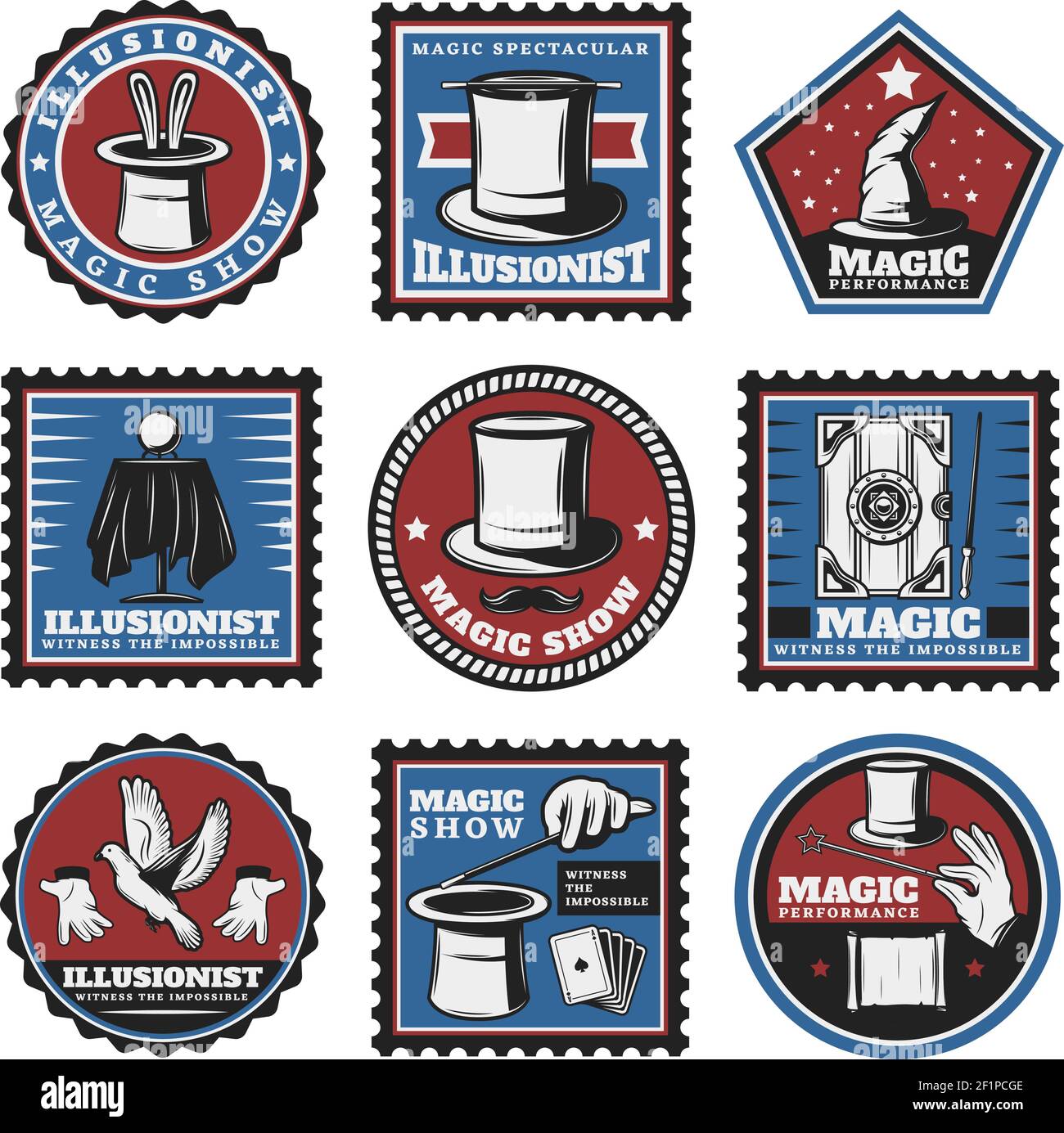 Vintage colored magic illusion stickers set with animals hats cards ...