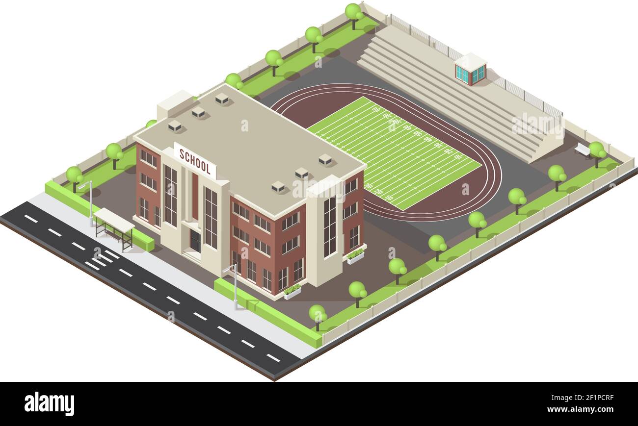 Isometric layout of school with stadium green trees and lawn road ...