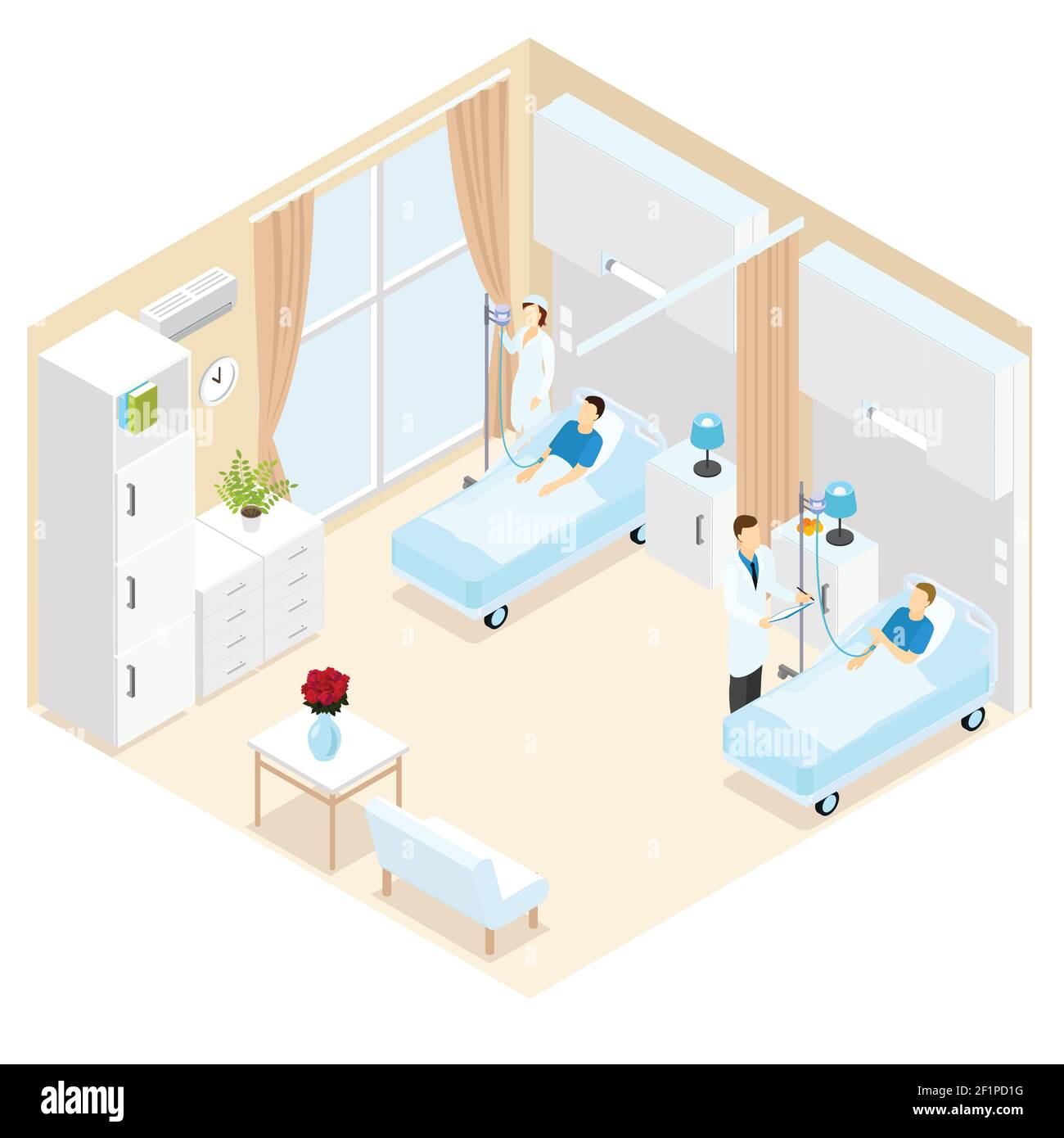 Medical ward isometric template with doctor visiting patient and nurse ...