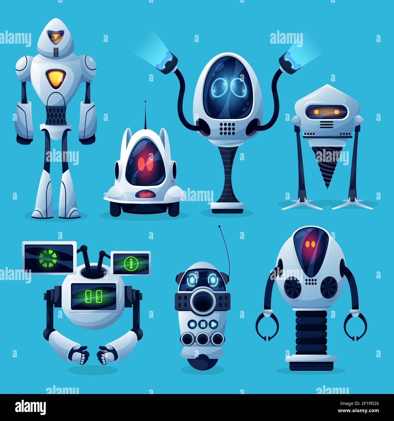 Cartoon robots vector icons, artificial intelligence cyborg characters, cute toys or bots ...