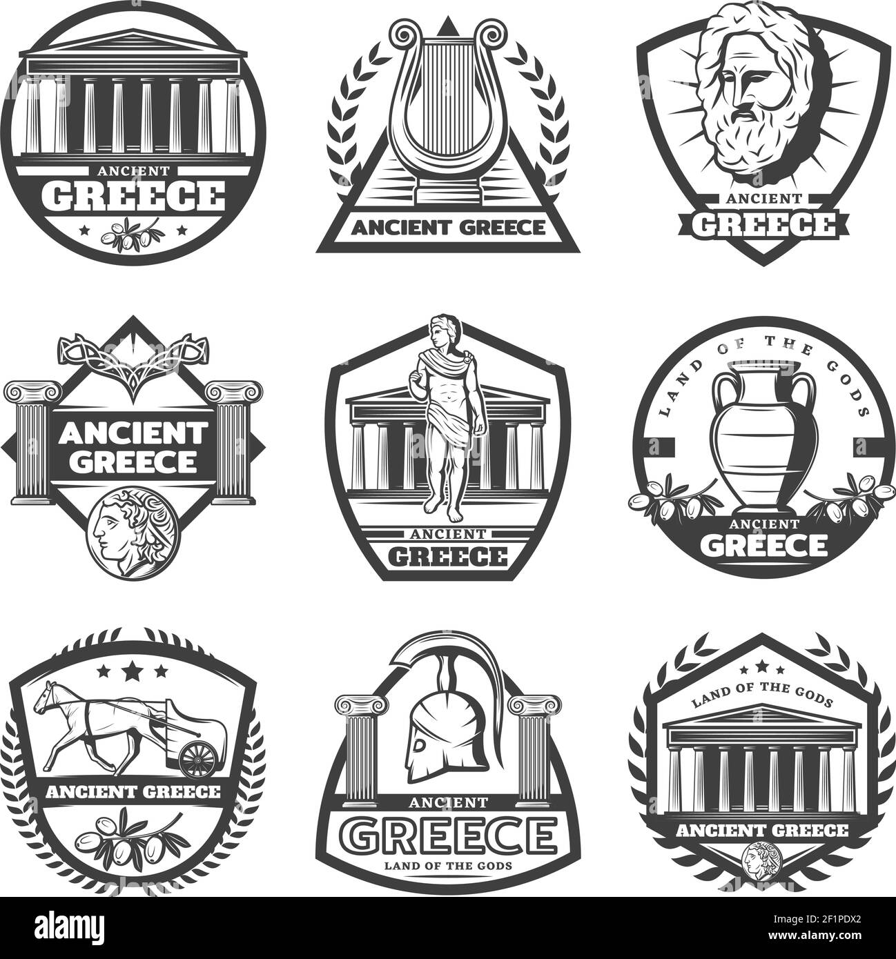 Vintage monochrome ancient Greece labels set with temple vase chariot ...