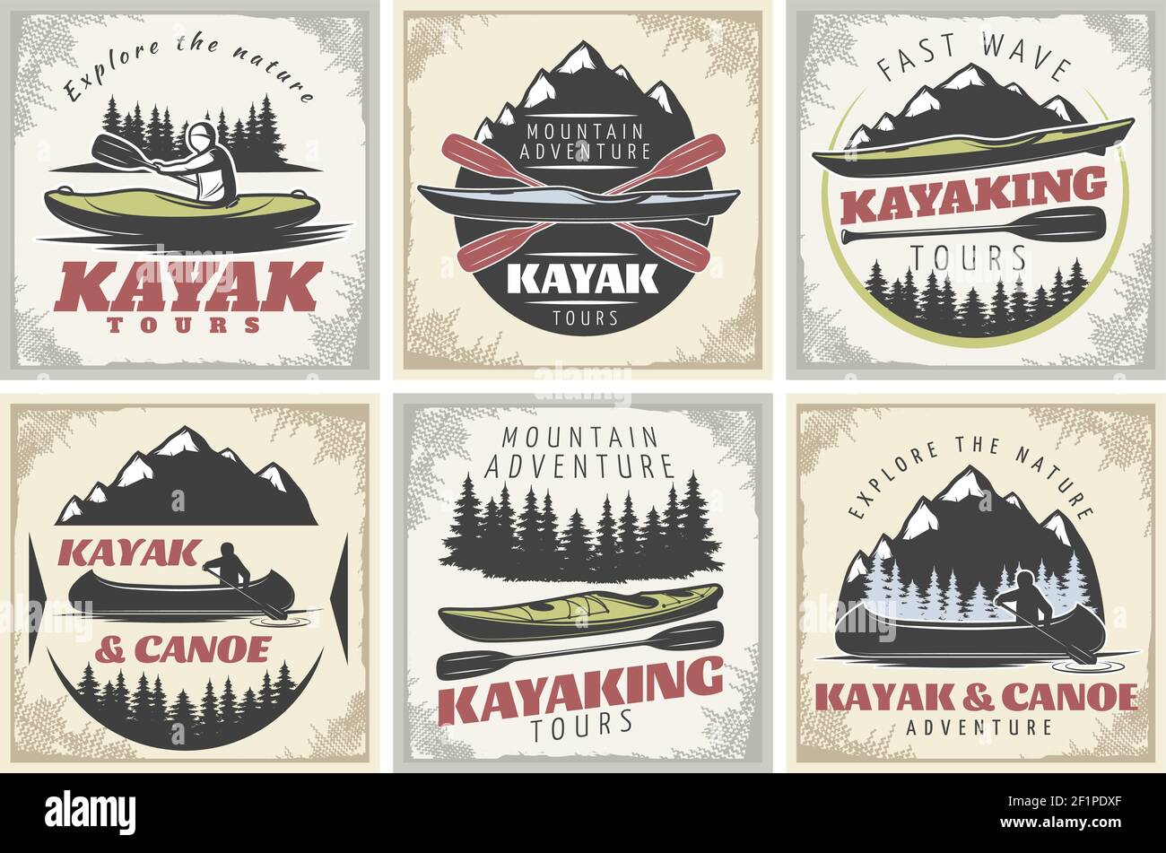 Set of six kanoe and kayak square labels with forest mountain adventure ...