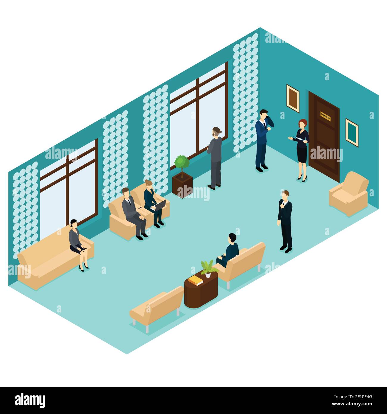 Isometric human personnel recruitment template with people waiting for ...