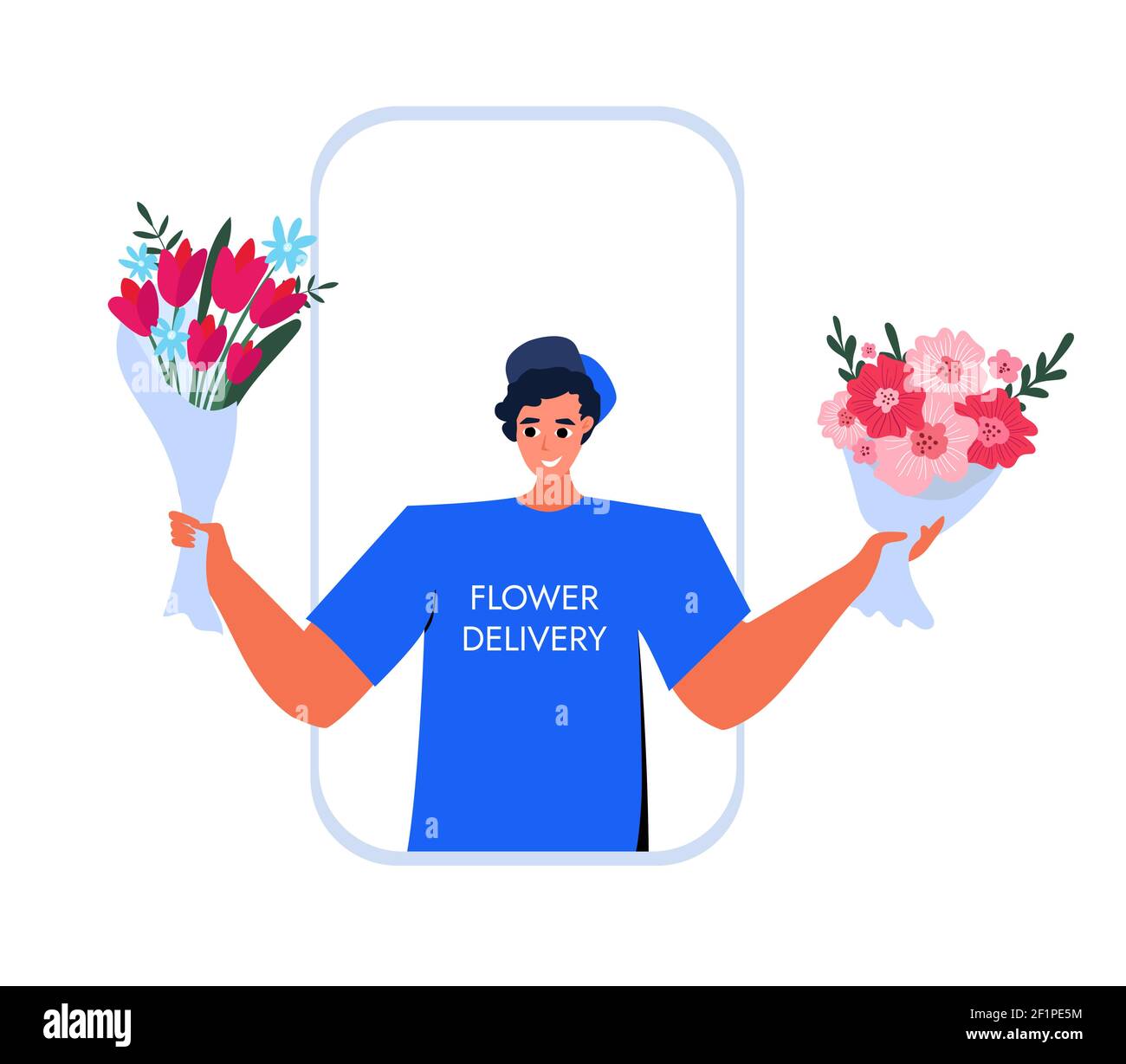 Receiving Blooming Plants in Wrapping from Man Courier Worker. Flower ...