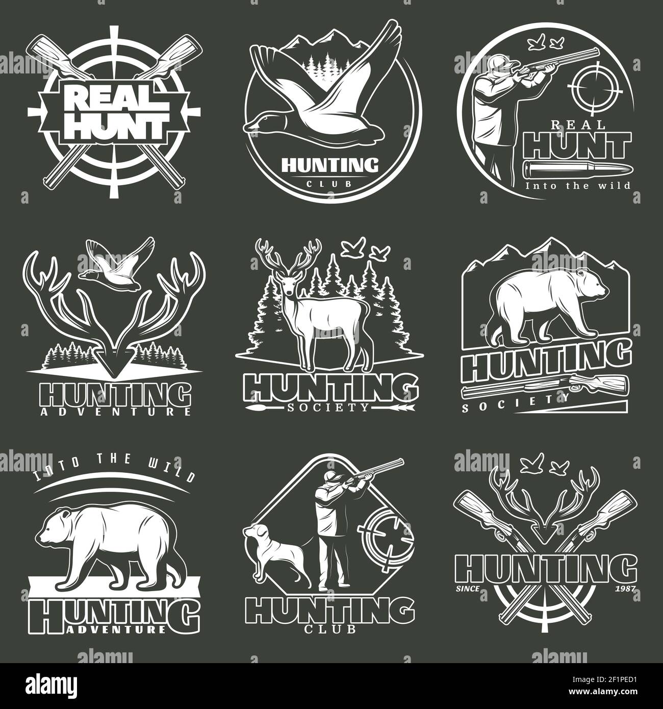 Set of nine isolated hunting emblems with wild animals and birds ...
