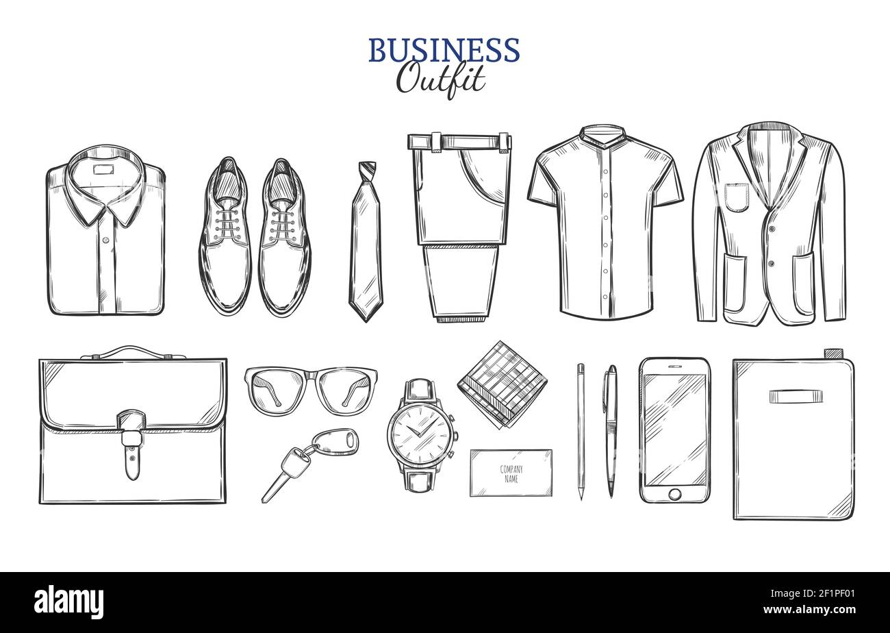 Business clothing sketch set with shirt shoes tie trousers jacket bag ...