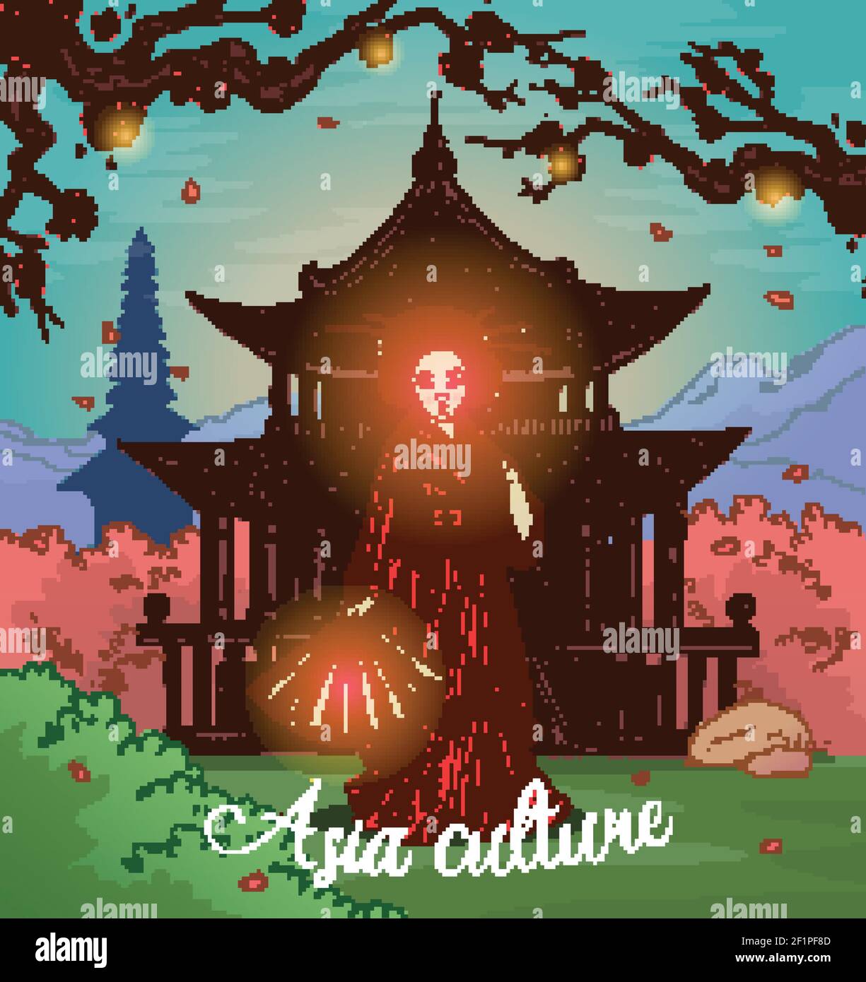 Asian culture hand drawn design with girl in red kimono on background ...