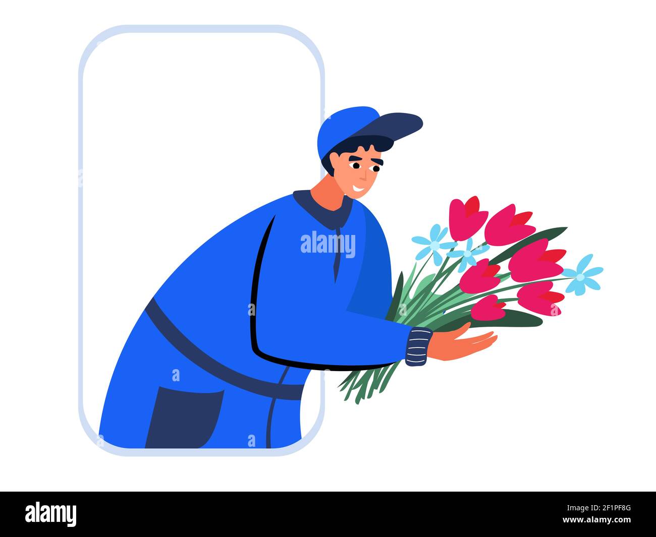 Receiving Blooming Plants in Wrapping from Man Courier Worker. Flower ...