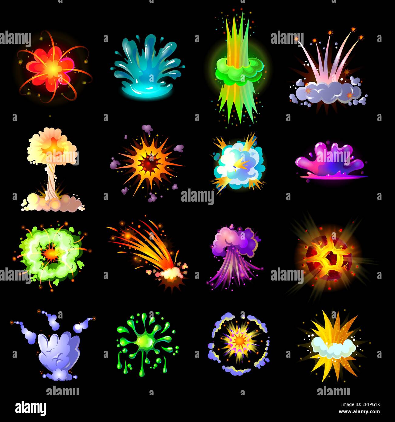 Cartoon colorful explosions collection with burst splash smoke and ...