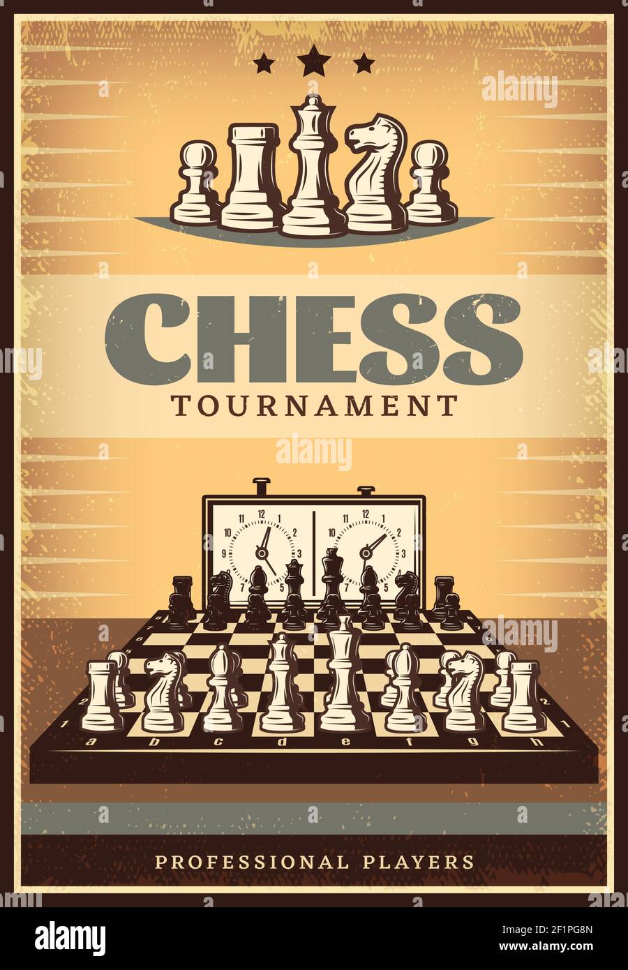 Vintage chess competition poster with lettering figures on chessboard ...