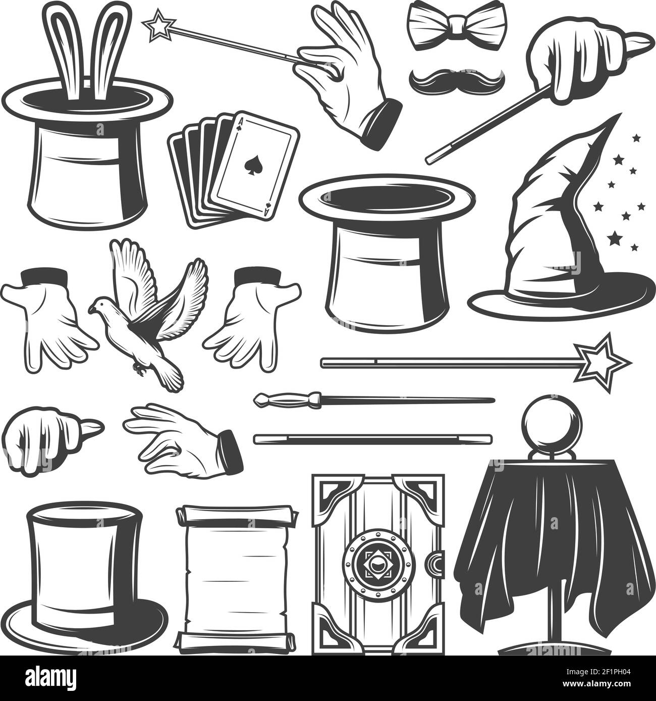 Vintage magic illusion elements collection with hats ball rabbit pigeon ...