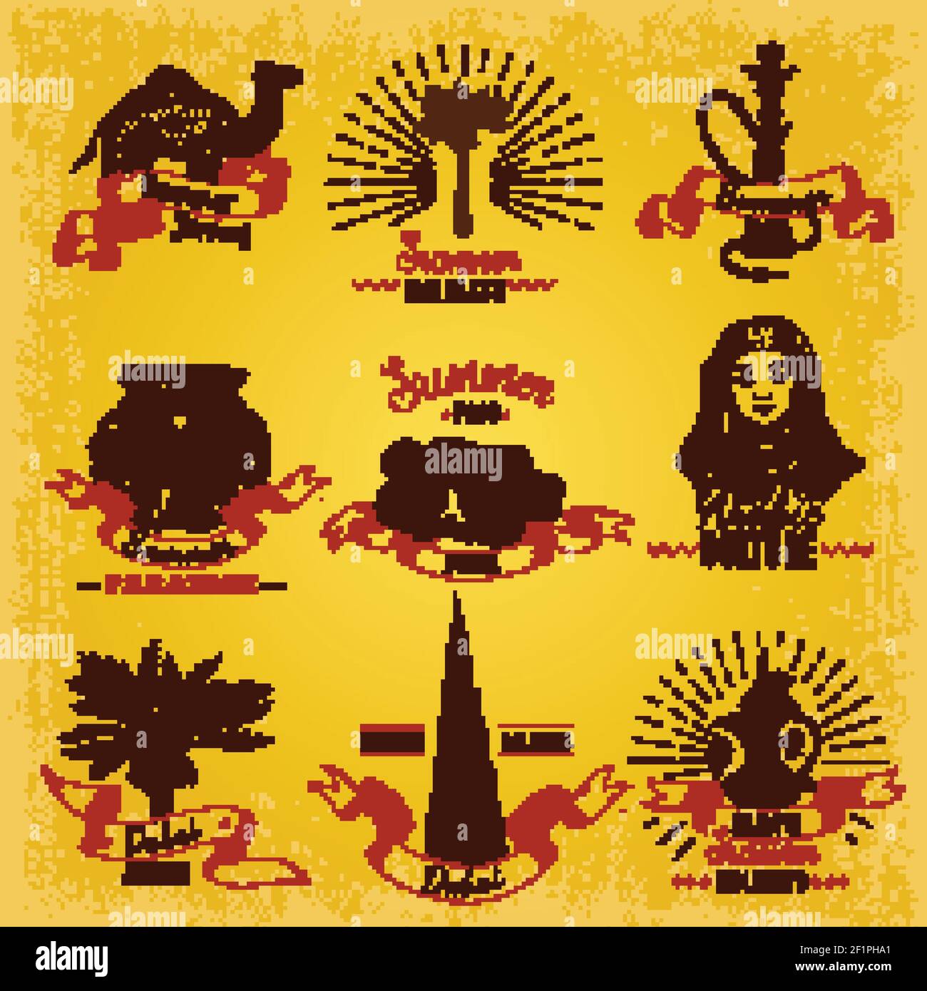 Set of nine isolated hand drawn dubai labels with decorative icons of ...