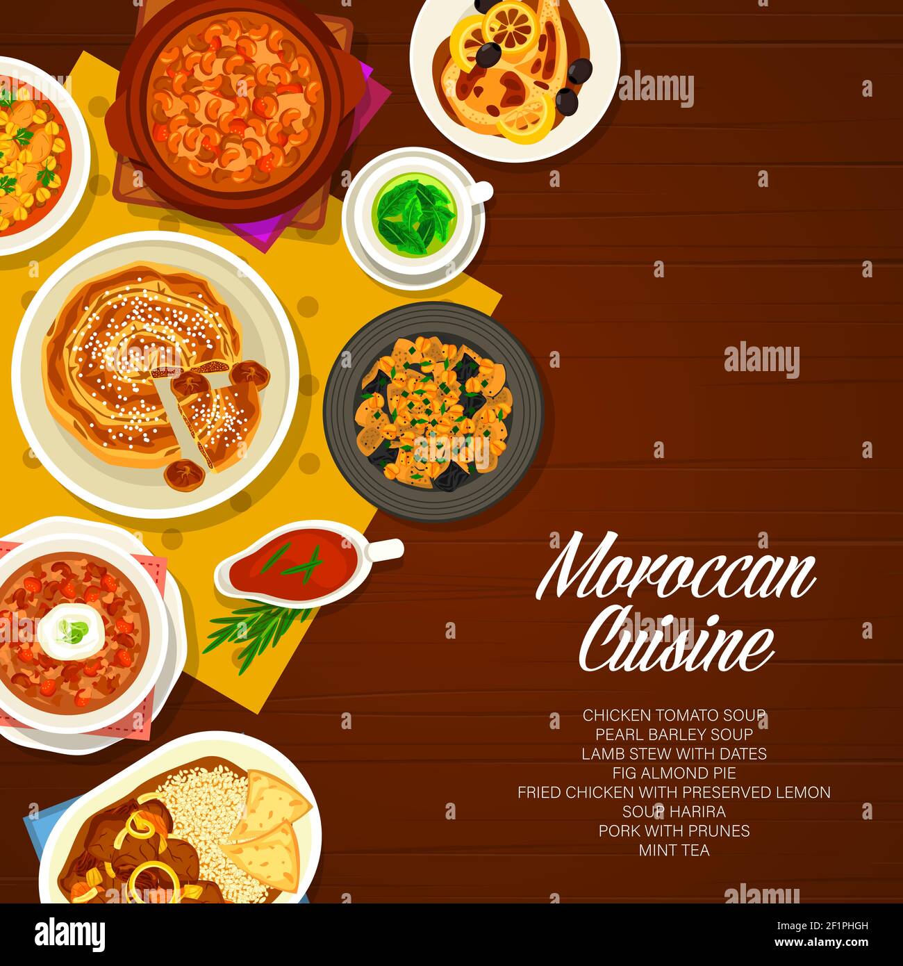 Moroccan cuisine restaurant dishes banner. Fig almond pie and pork meat ...