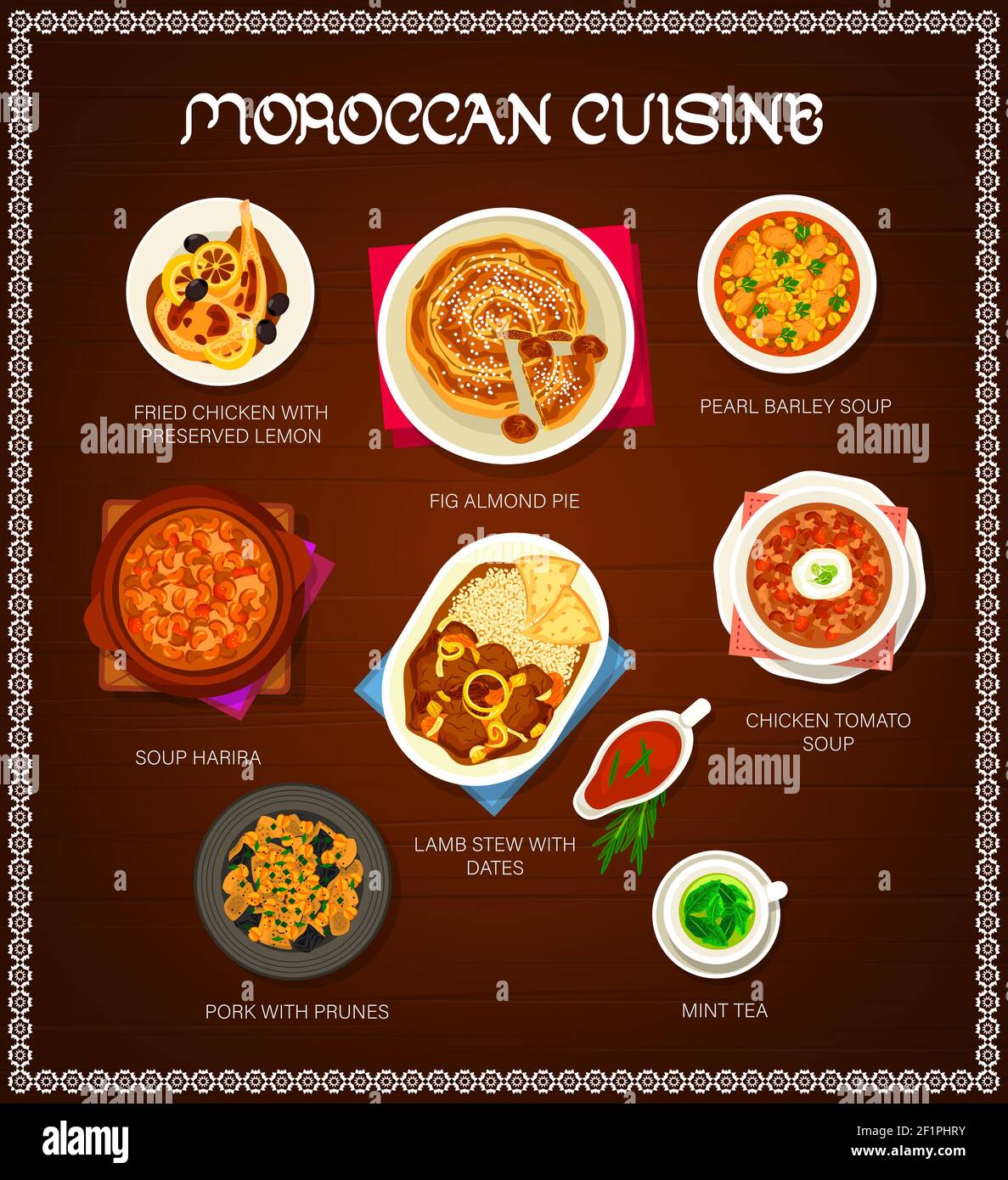 Moroccan cuisine restaurant menu template. Pork with prunes, lamb stew ...