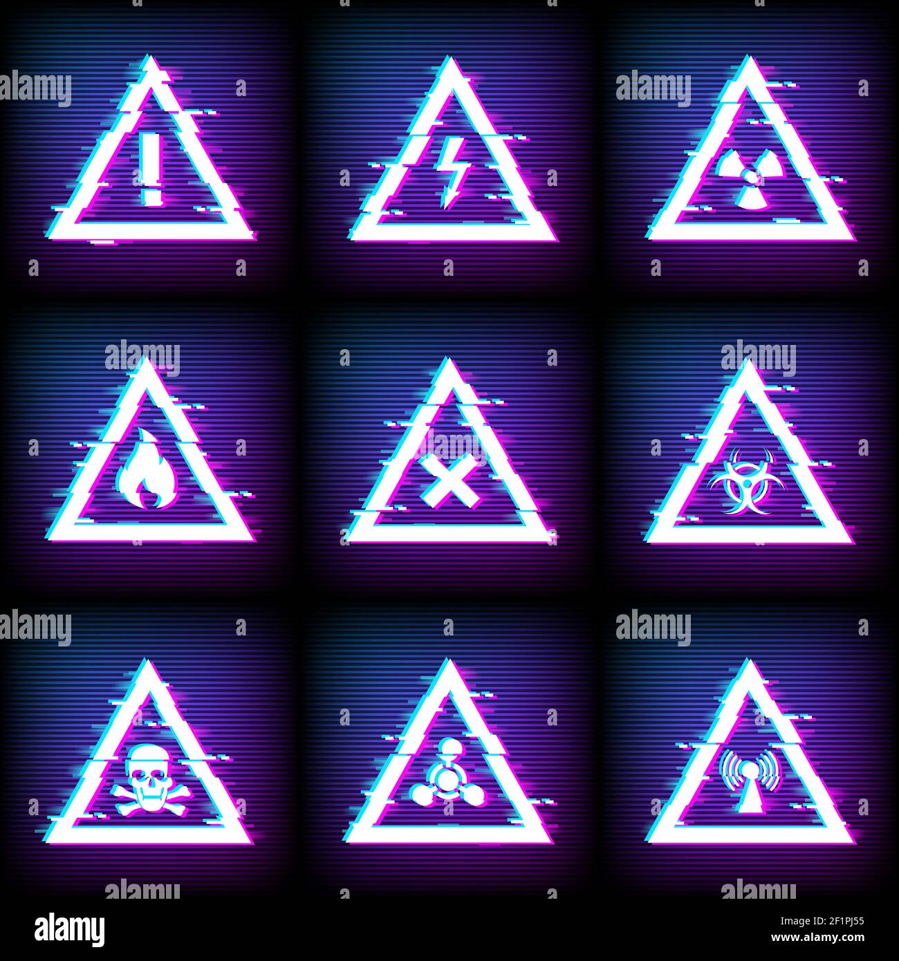 Glitch warning signs on screen, hazard danger vector pixel icons ...